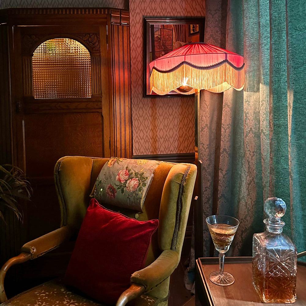 Fruit Motif Staffordshire Dog Lamp with Green Shade – Tinker & Tallulah